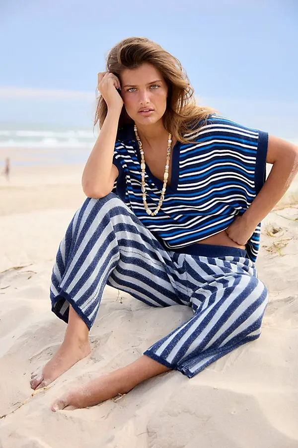 Free People Striped Knit Sweater Set With Cropped Wide-leg Pants - Navy Combo