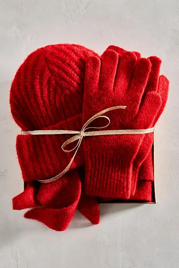 Free People Cashmere Knit Gloves With Ribbed Trim - Red