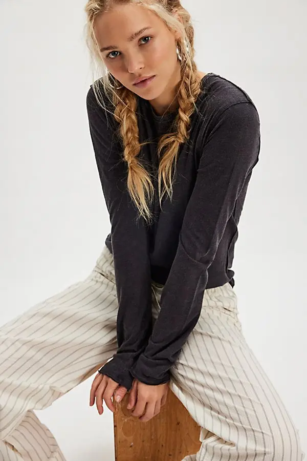 We The Free Nova Long-sleeve Heathered Tee With Raised Seams And Raw Hems - Black