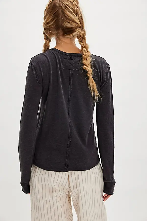 We The Free Nova Long-sleeve Heathered Tee With Raised Seams And Raw Hems - Black