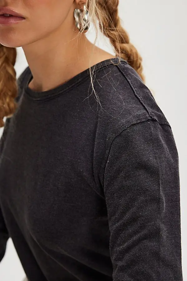 We The Free Nova Long-sleeve Heathered Tee With Raised Seams And Raw Hems - Black
