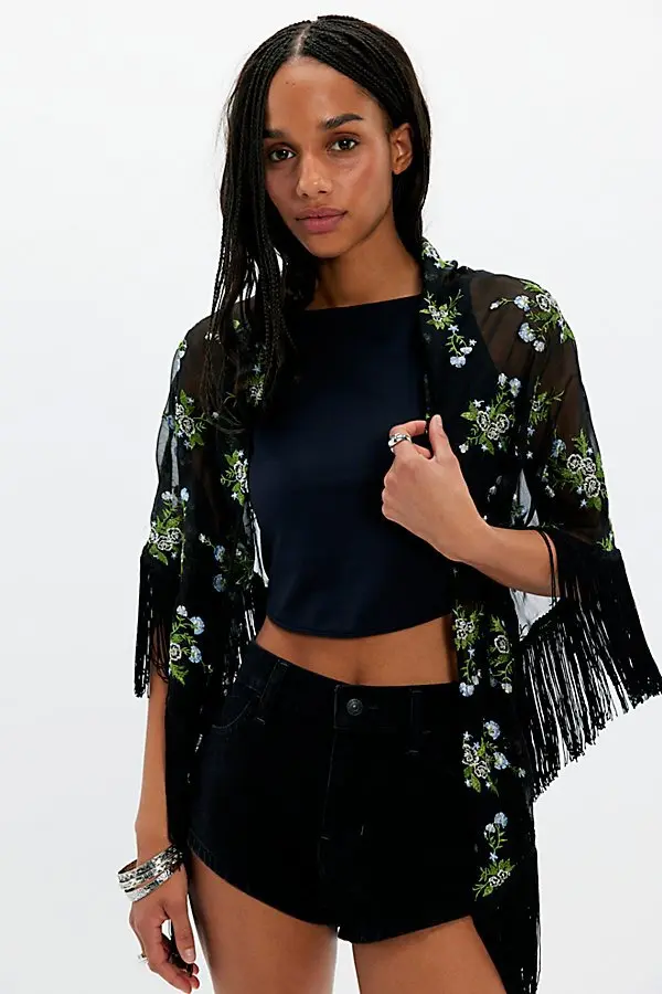 Anna Sui Embroidered Sheer Shawl With Fringe Trim - Black