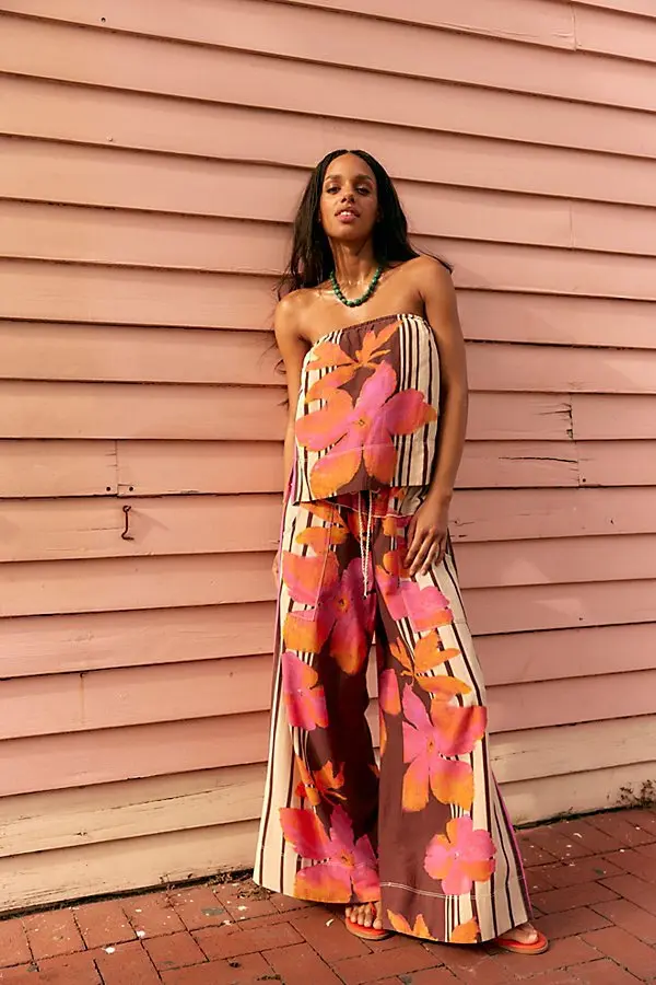 Free People Devella Printed Tube Top And Wide-leg Pant Set - Coconut Shell Combo