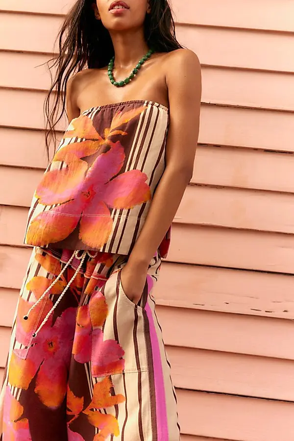Free People Devella Printed Tube Top And Wide-leg Pant Set - Coconut Shell Combo