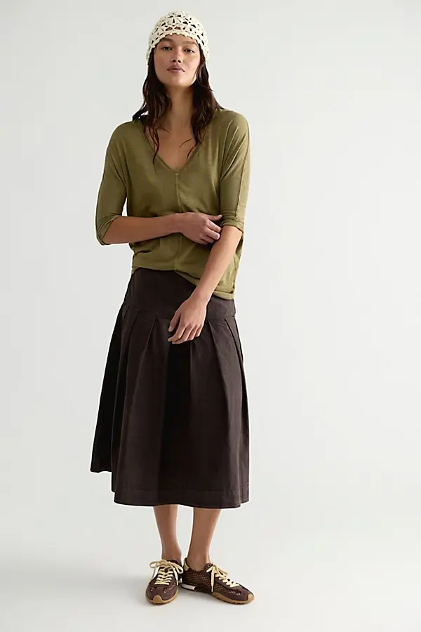 Free People High Line Tee With V-neckline And 3/4 Sleeves - Weeping Willow