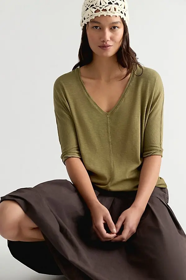 Free People High Line Tee With V-neckline And 3/4 Sleeves - Weeping Willow