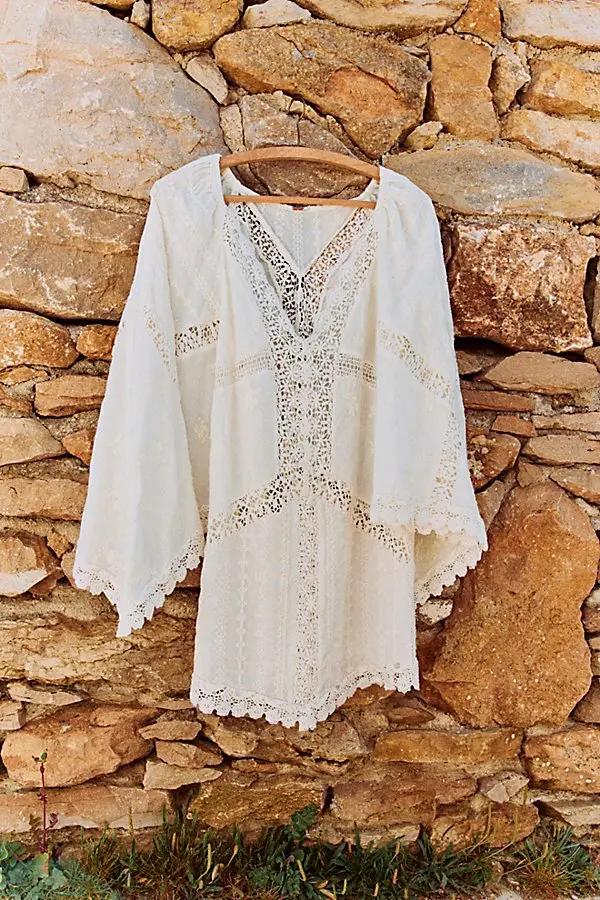 Free People Wildflower Muse Mini Dress With V-neckline And Embroidered Details - Egret