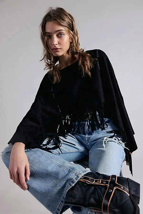 Free People Suede Poncho Jacket With Fringe And Stud Detailing