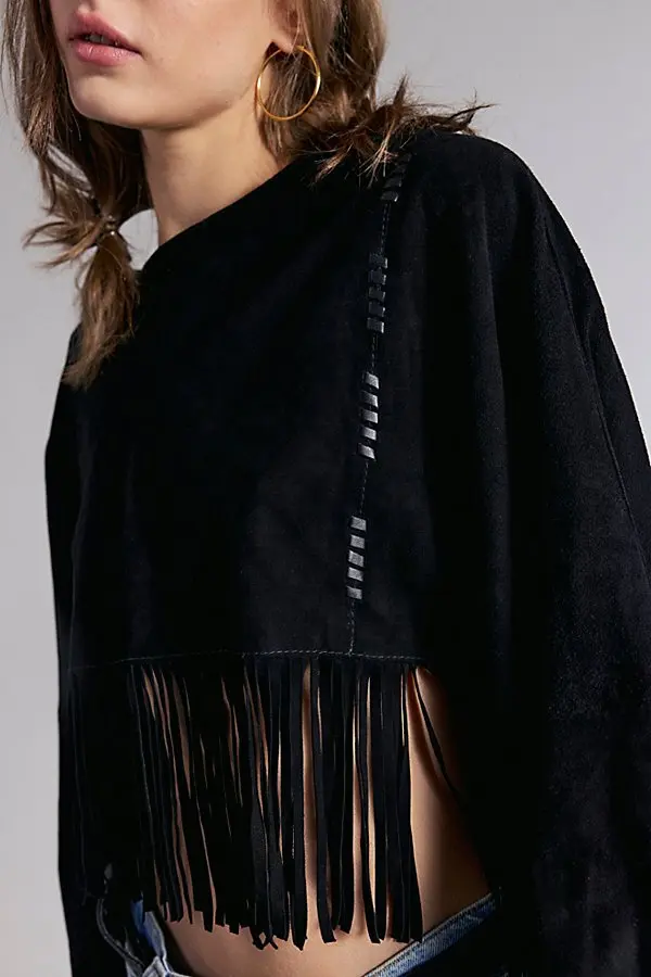 Free People Suede Poncho Jacket With Fringe And Stud Detailing