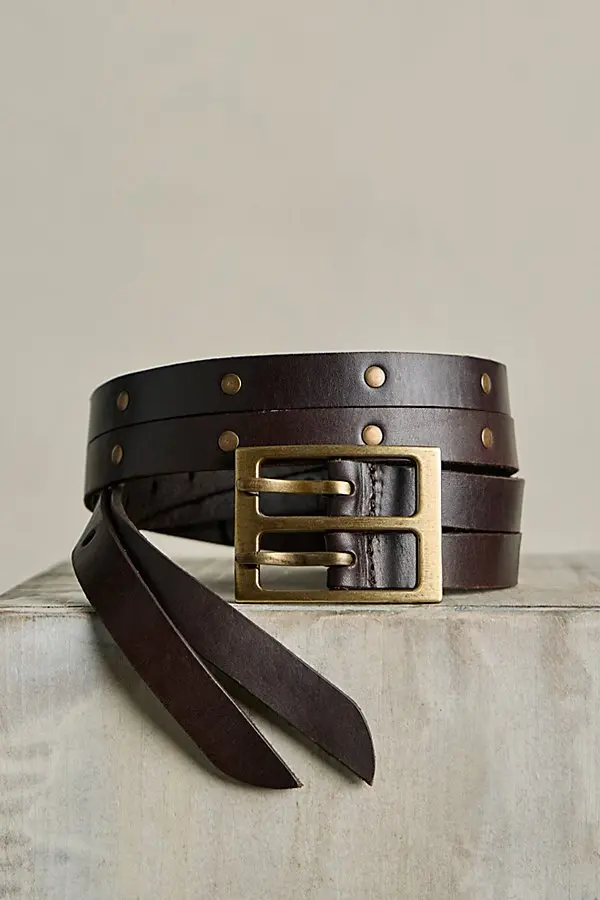 We The Free Double Buckle Studded Leather Belt - Espresso
