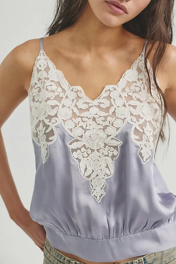 Free People Reya Lace Trim Silk Camisole - Peridust