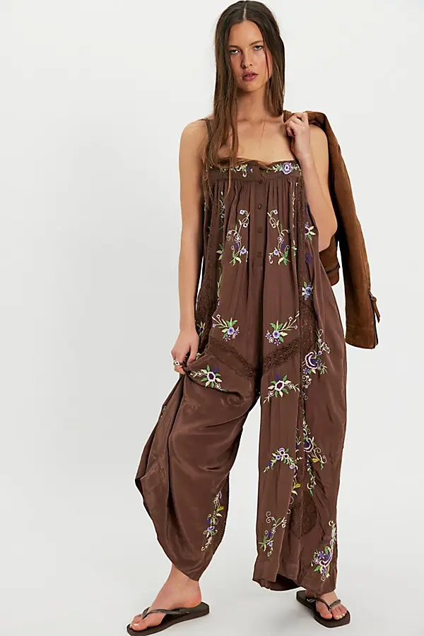 Free People Embroidered Floral Lace Jumpsuit - Pinecone