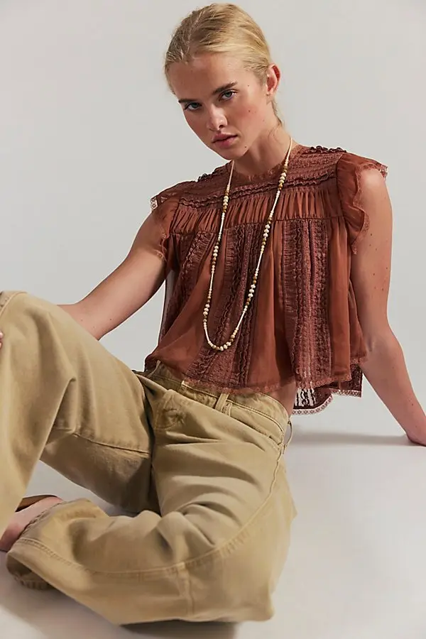 Free People Sun Drenched Lace Blouse - Nutmeg