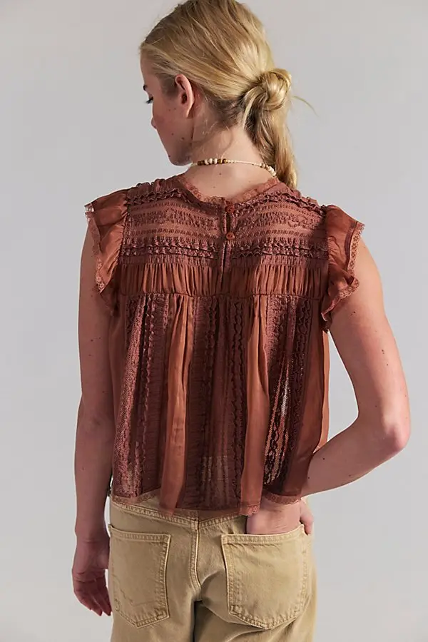 Free People Sun Drenched Lace Blouse - Nutmeg