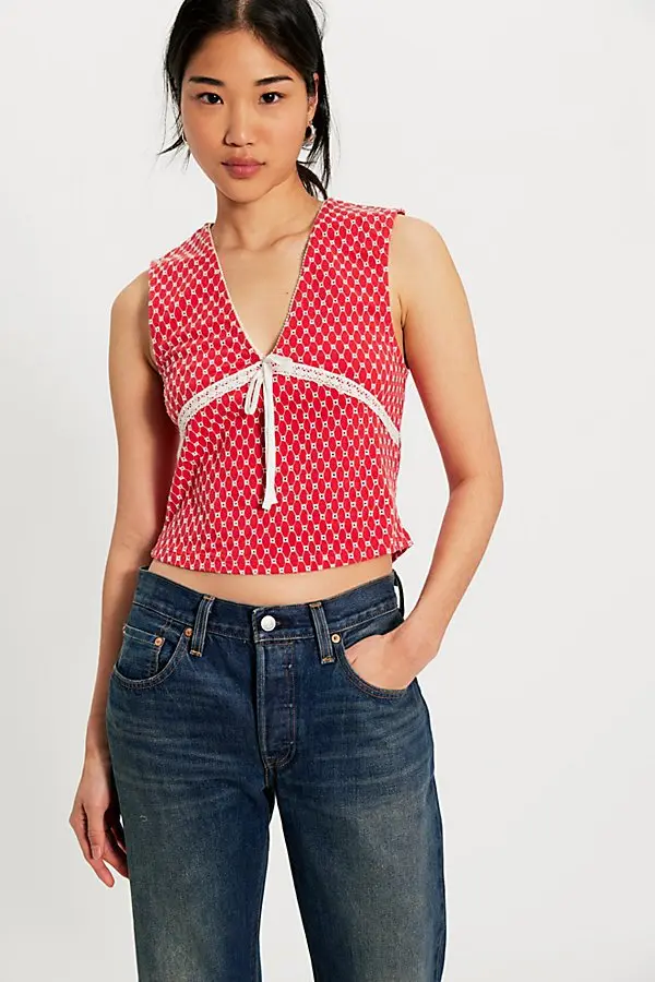 Free People Good Graces Cropped V-neck Tank Top With Lace Trim And Bow Detail - Red Combo
