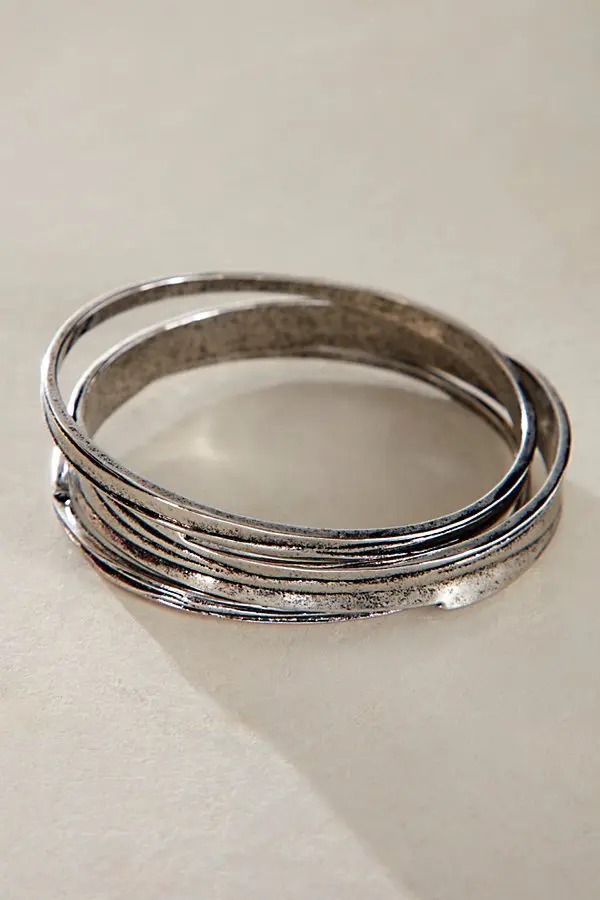 Free People Set Of Three Hammered And Oxidized Bangles - Silver