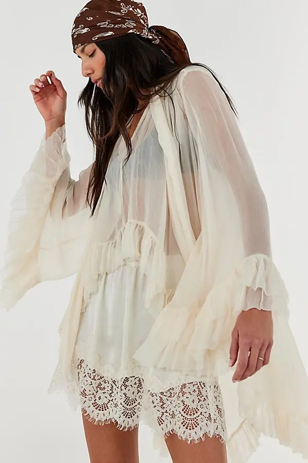 Free People Full Sleeve Frill Top - Ivory