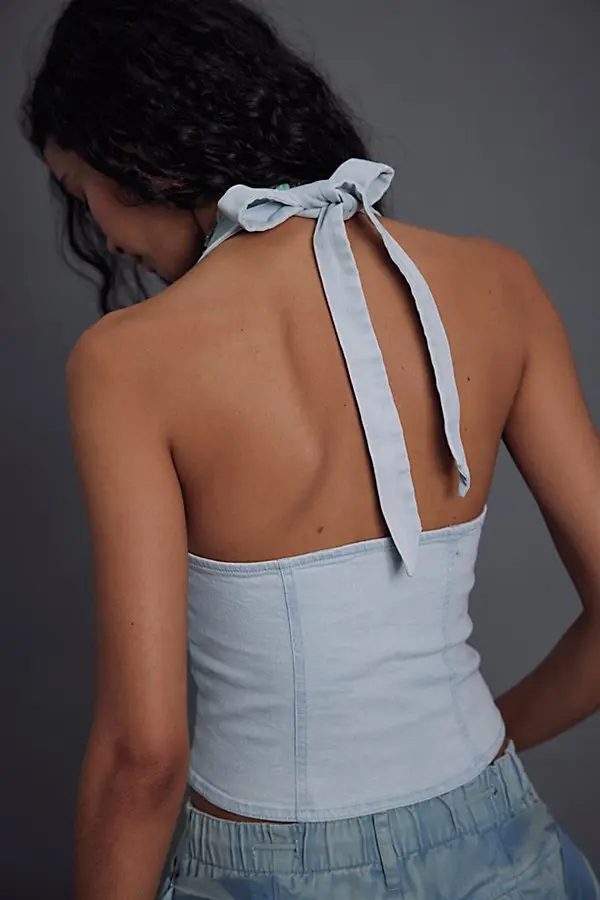 Free People Ramona Denim Halter Top - Light Sky