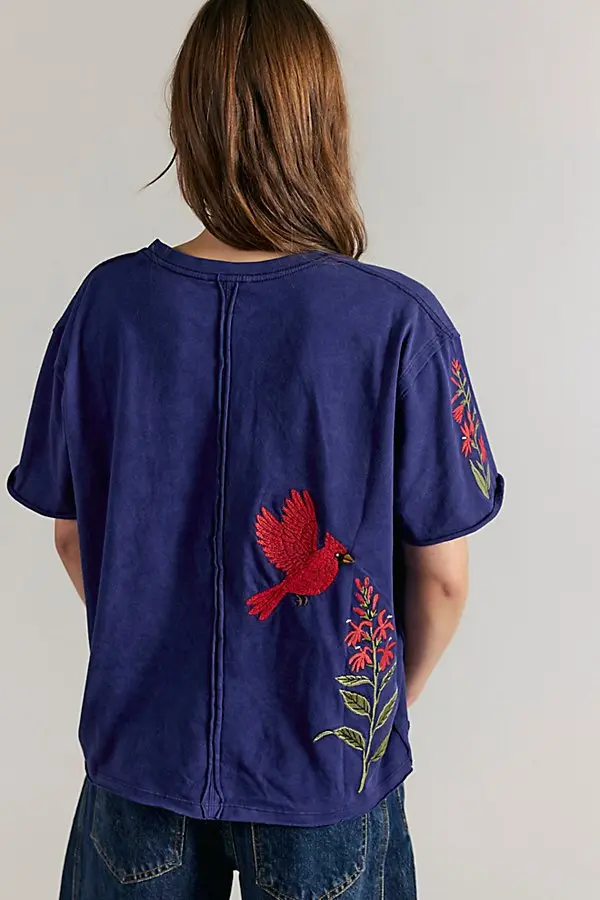 DENIM AND BONE Acid Wash Hummingbird Applique T-shirt