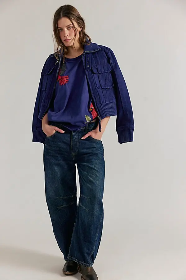 DENIM AND BONE Acid Wash Hummingbird Applique T-shirt