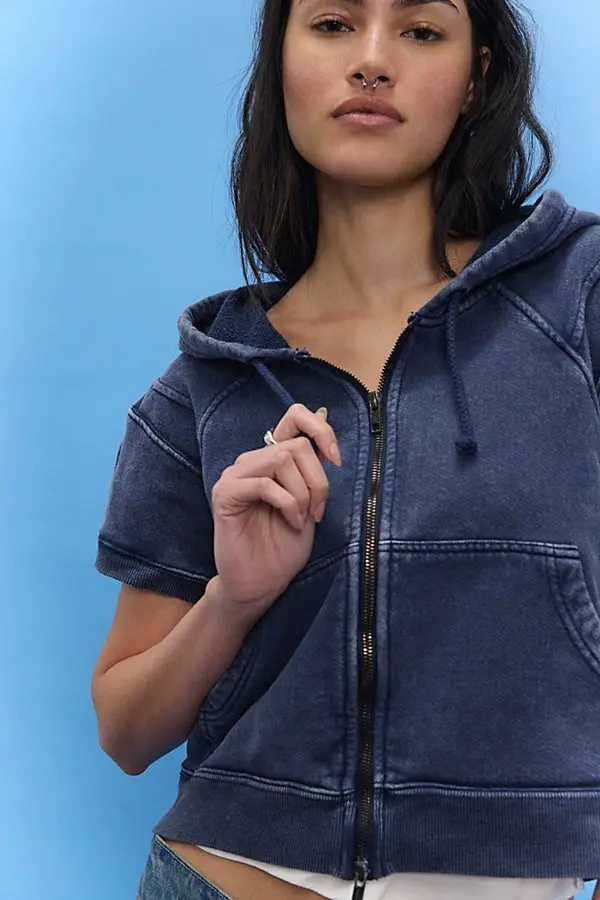 Free People Cropped Puffed Sleeve Hoodie - Night Shadow