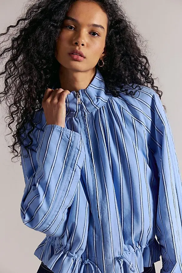 Free People Devon Striped Balloon Funnel-neck Jacket - Blue