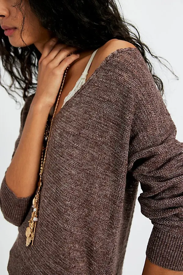 Free People Soft Focus Fine Gauge Linen Pullover - Shave Chocoloate