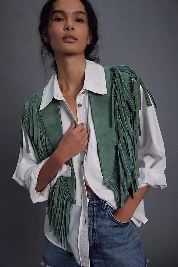 UNDERSTATED LEATHER Wide Eyes Suede Fringe Collar - Moss