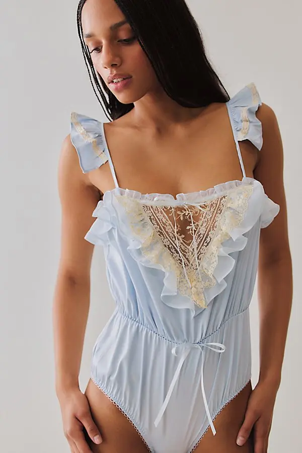 For Love & Lemons Cleo Bodysuit With Lace And Ruffles - Blue