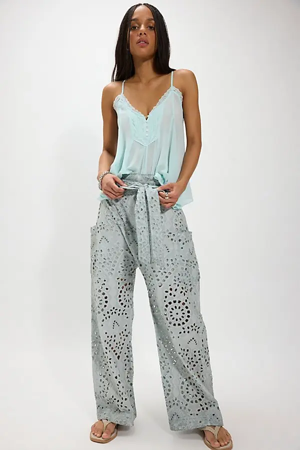 Free People Starry Skies Eyelet Pull-on Harem Pants - Blue Surf