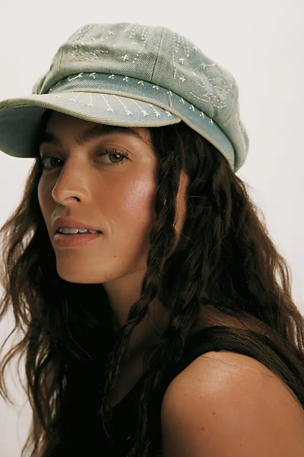 Free People Denim Embroidered Cadet Hat - Blue
