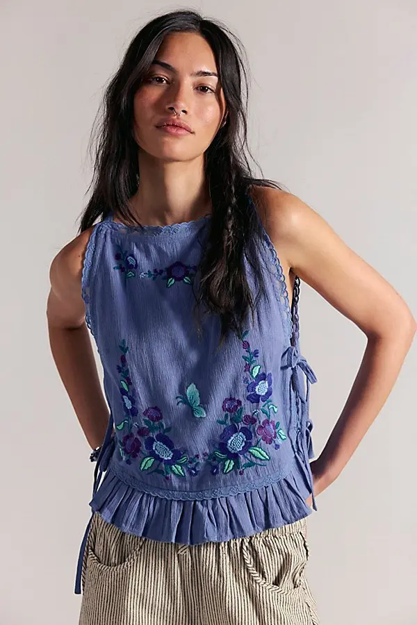 Free People Embroidered Ruffled Cotton Tank Top