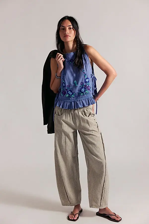 Free People Embroidered Ruffled Cotton Tank Top