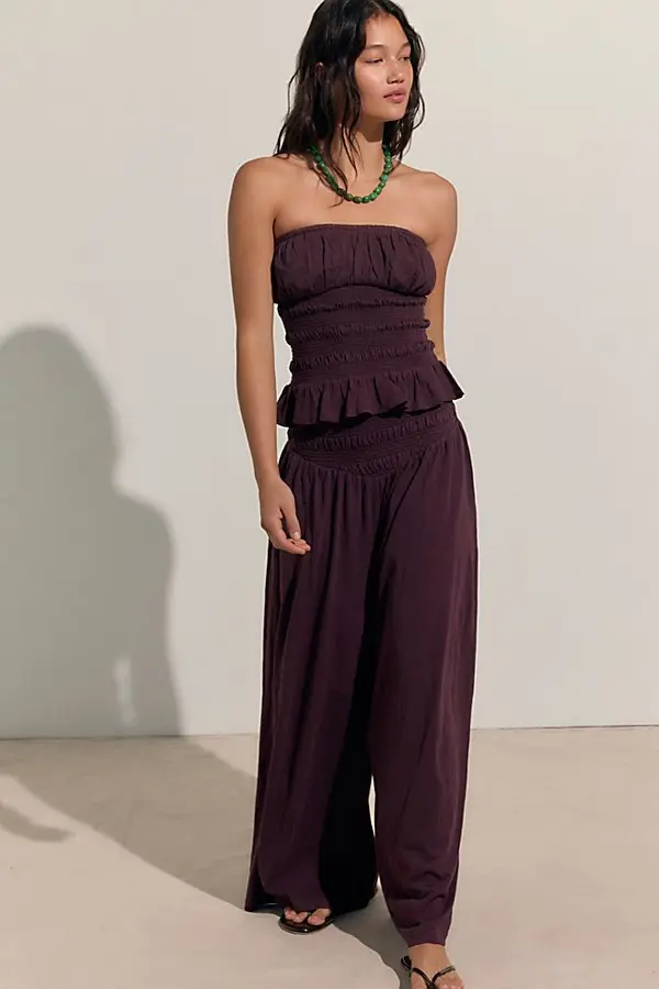 Free People Strapless Smocked Bodice Top And Wide-leg Pant Set - Fudge