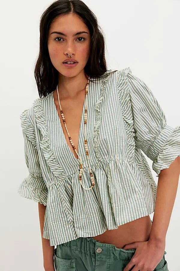 Free People Miley Cotton Cropped Top With Ruffle Details - Yellow Combo