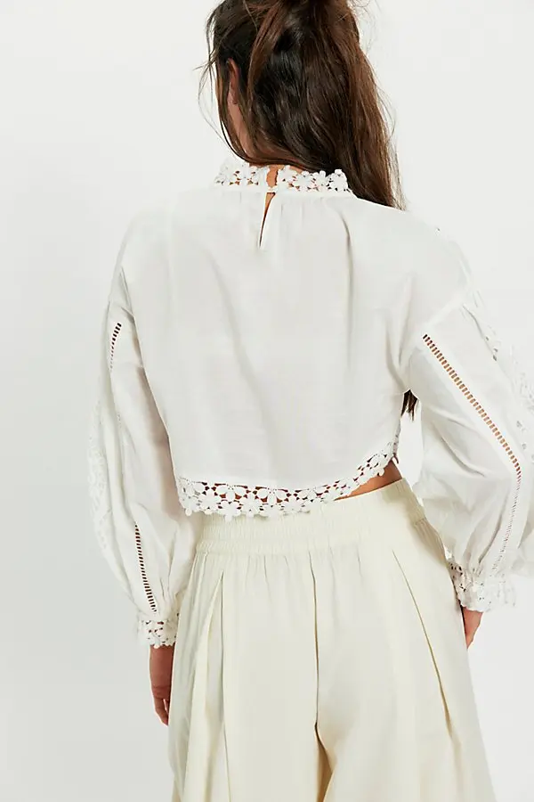 Free People Hannah Embroidered Cutwork Cropped Blouse