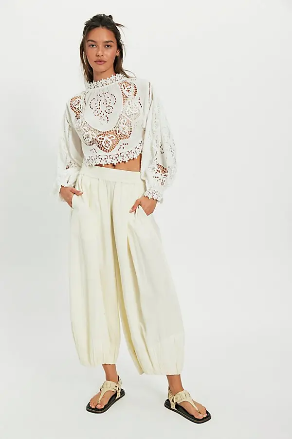 Free People Hannah Embroidered Cutwork Cropped Blouse