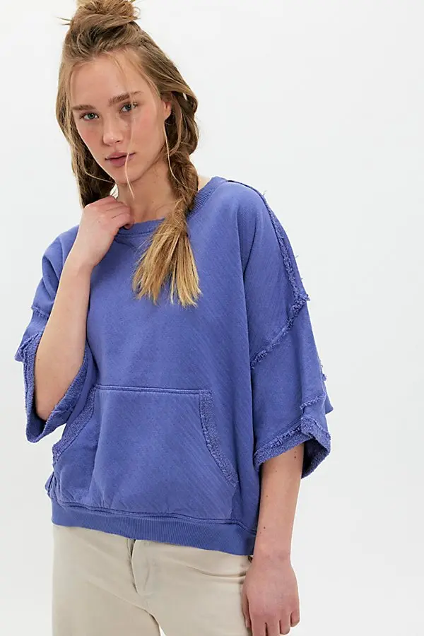 We The Free Distressed Pullover With Kangaroo Pocket - Blue Iris