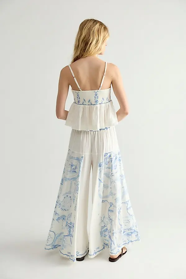 Free People Delft Dreams Linen-blend Babydoll Top And Wide-leg Pant Set