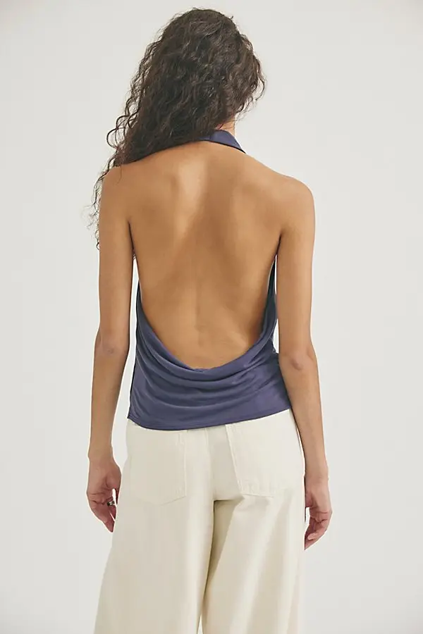 Free People Cupro Cowl Neck Halter Top - Navy