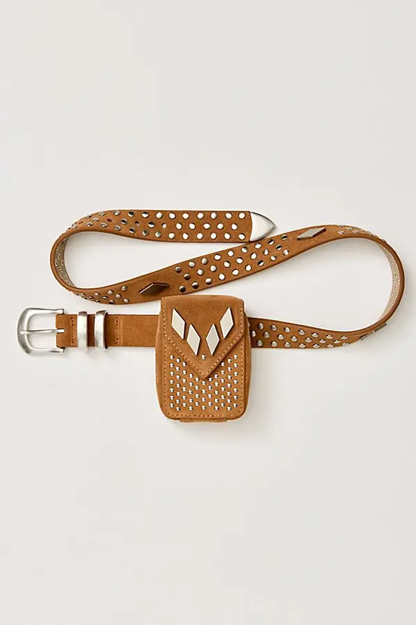 UNDERSTATED LEATHER Texas Rose Studded Suede Belt With Detachable Pouch - Saddle