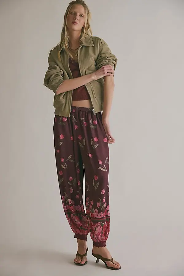 INTIMATELY Printed Satin Jogger Pants With Scalloped Lace Trim - Wine Combo
