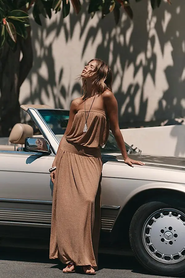 Free People Strapless Jersey Maxi Dress With Smocked Waistband And Slit - Apple Pie