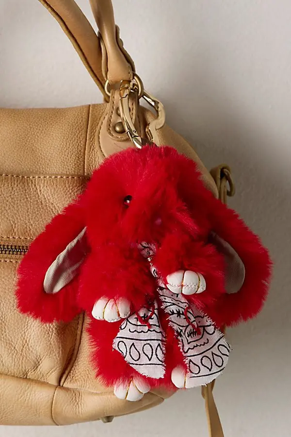 Free People Fluffy Rabbit Bag Charm With Bandana Detail - Red