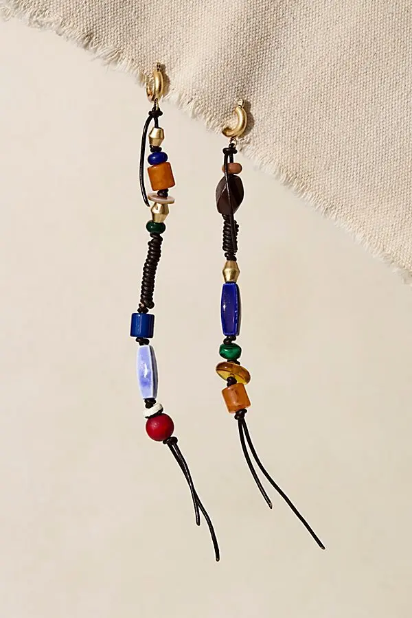Free People Wilder Dangle Earrings With Mixed Beads And Leather Detail
