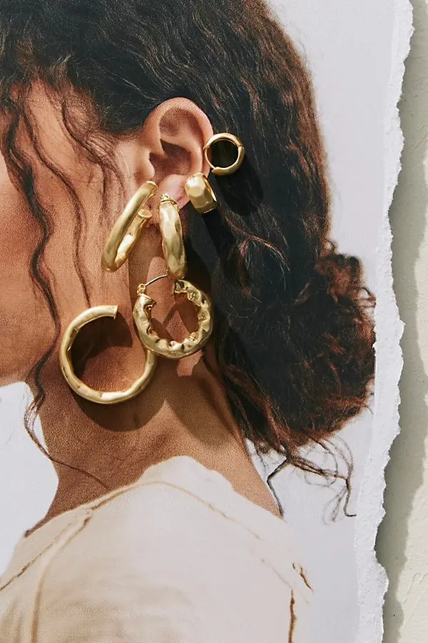 Free People Gold Plated Hoop Earring Set - Hammered