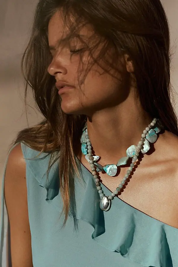 Free People Semiprecious Stone Choker Necklace With Metal Pendant - Amazonite