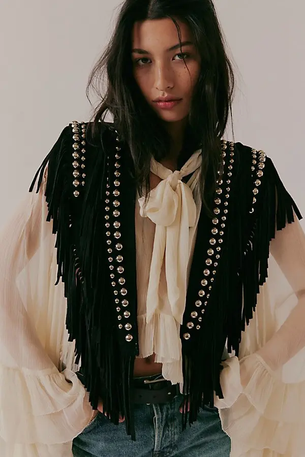 UNDERSTATED LEATHER Studded Fringe Suede Collar - Black