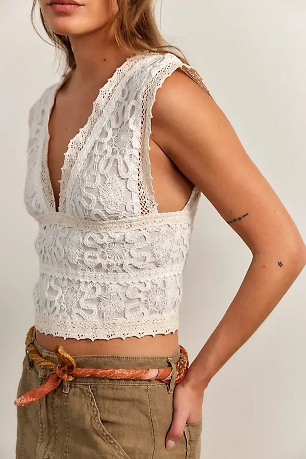 Free People Grace Crochet V-neck Sleeveless Cropped Top