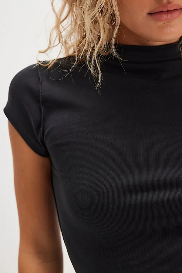 We The Free Lola Ribbed Mock Neck Cropped Tee - Black